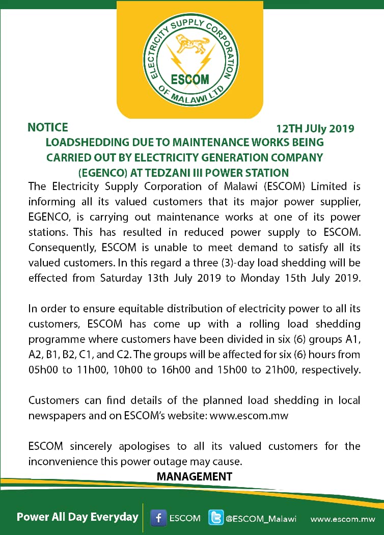 ESCOM ANNOUNCES 6HOUR BLACKOUTS - Malawi's Largest Online Directory ...
