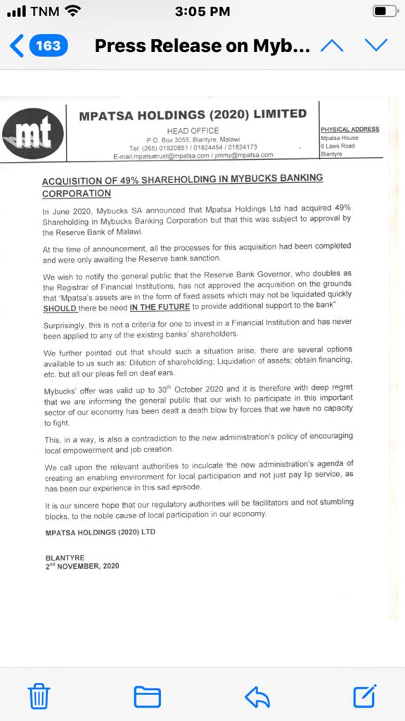 RBM REJECTS MPATSA’S MYBUCKS ACQUISITION - Malawi's Largest Online ...